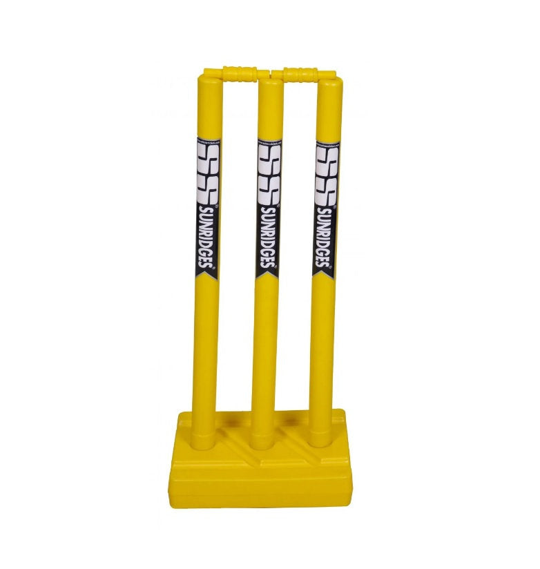 SS Plastic Stumps Set with Base (3 Stumps, 2 Bails, 1 Base) - Adult Si